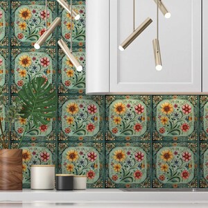 Folk Art Floral Design Ceramic Tile Multi Colored Kitchen Tile ...