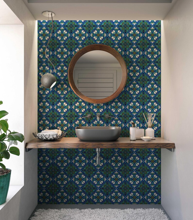 Blue and Green Ceramic Tile - Vintage Floral Design Tile - Kitchen ...