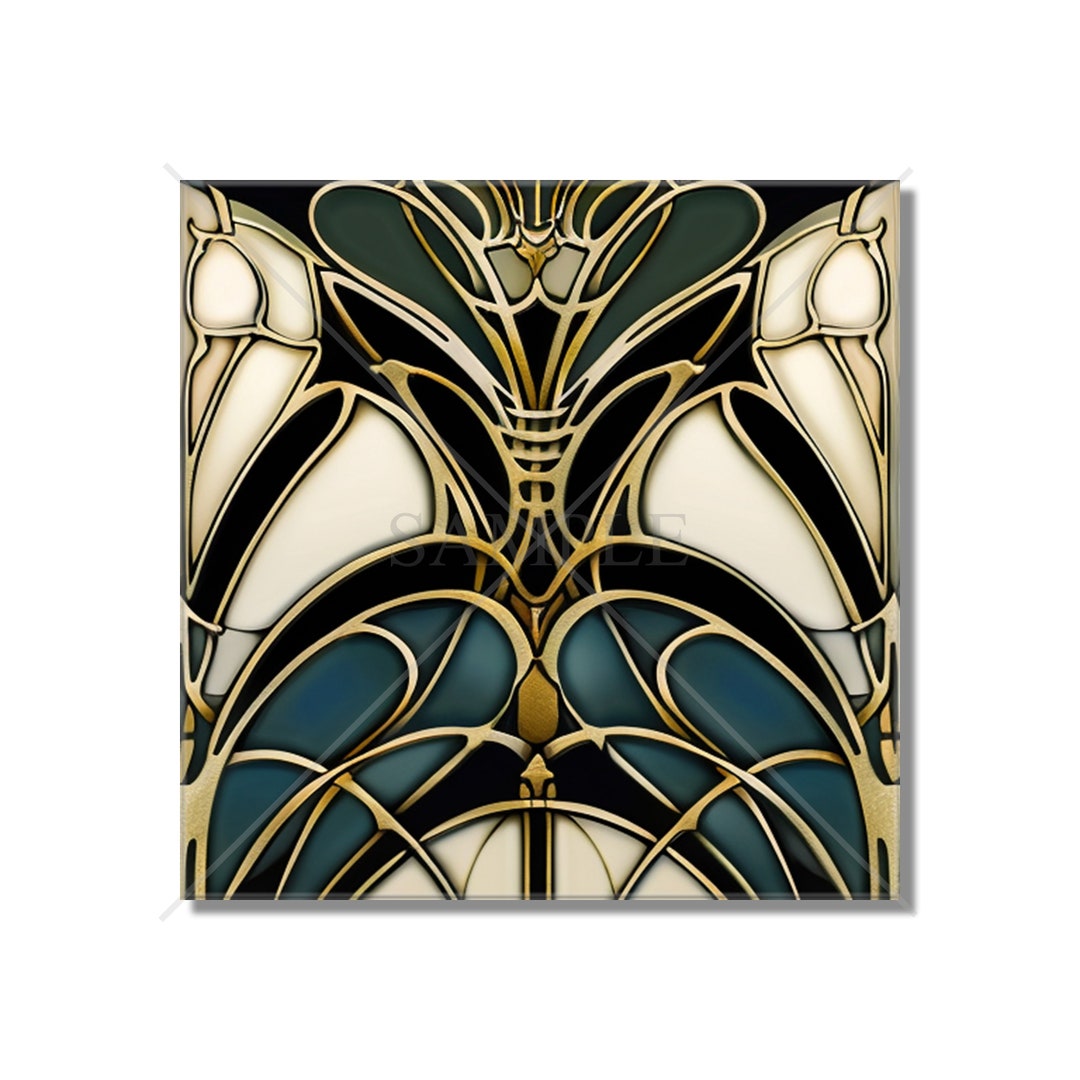 Vintage Art Deco Design Ceramic Tile Dark Teal and Gold Tones Art Deco ...