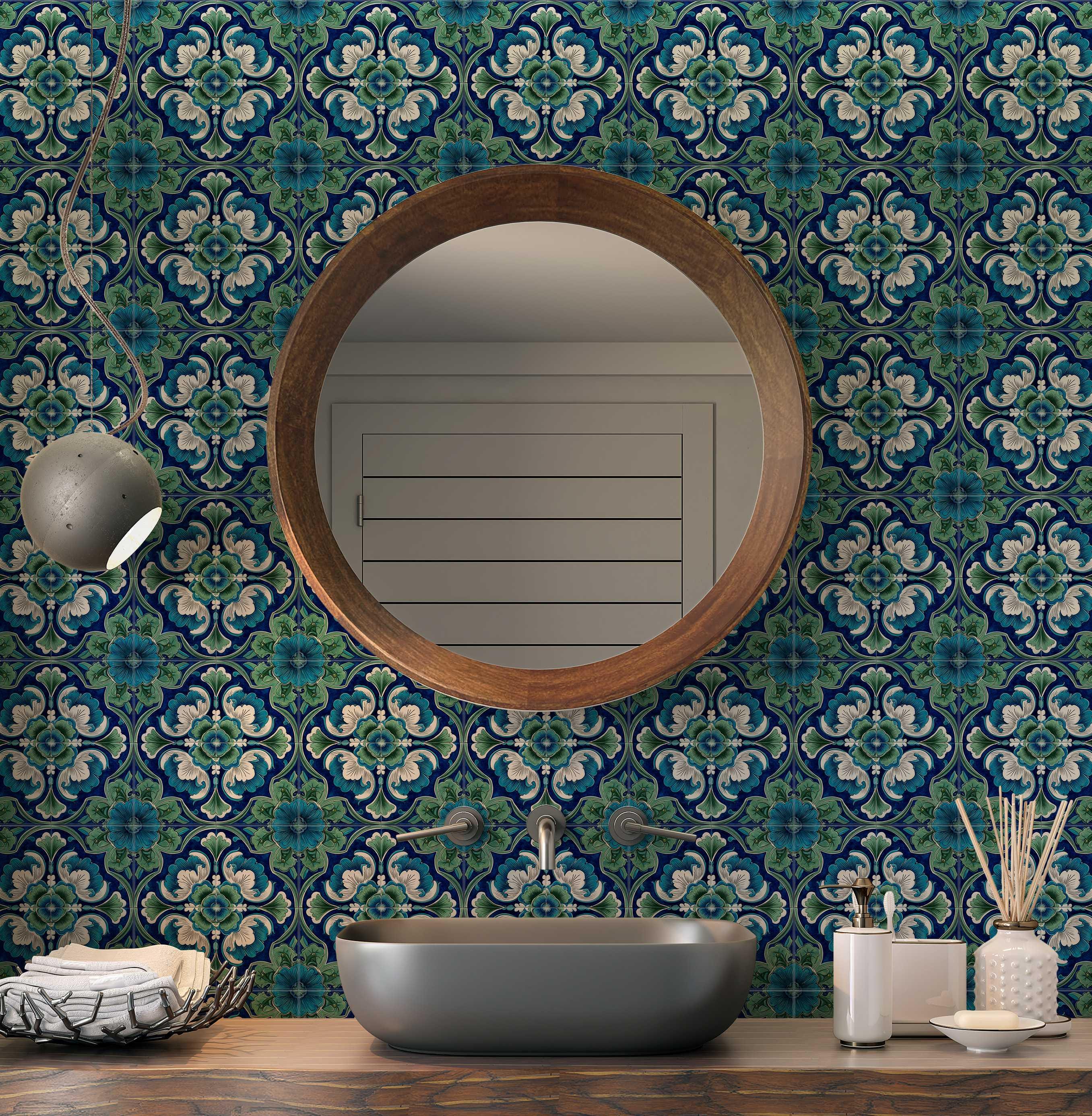 Blue and Green Ceramic Tile - Vintage Floral Design Tile - Kitchen ...