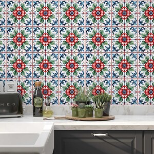 Blue Red Green Floral Ceramic Tile - Vintage Floral Design Tile Ceramic ...