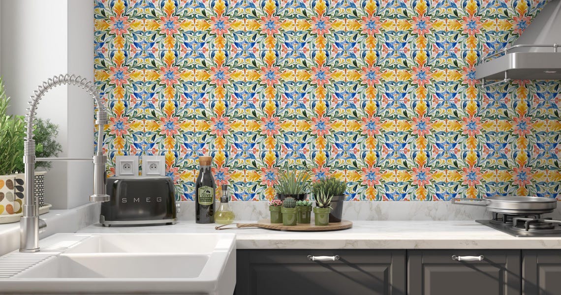 Multi Colored Bright Colors Patterned Ceramic Tile Kitchen Backsplash ...