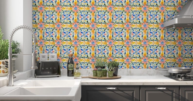 Multi Colored Bright Colors Patterned Ceramic Tile Kitchen Backsplash ...