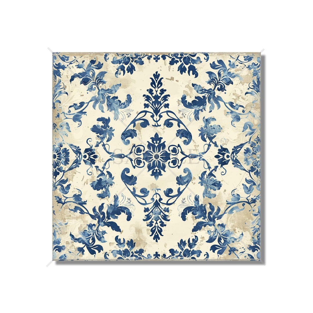 Blue Beige Ceramic Tile - Vintage French Floral Tile Design - Blue ...