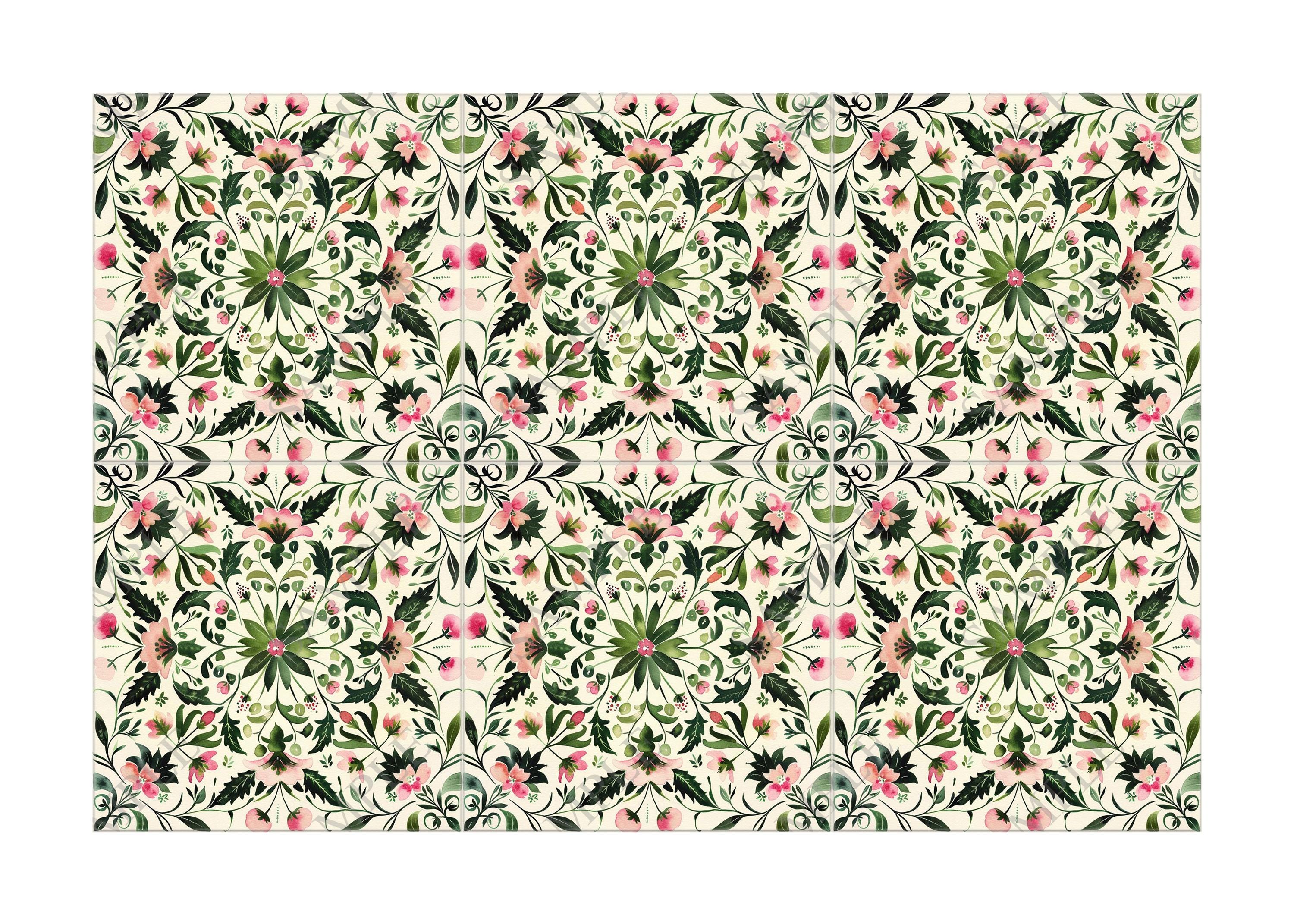 Pink and Green Floral Ceramic Tile - Cottage Kitchen Backsplash Tile ...