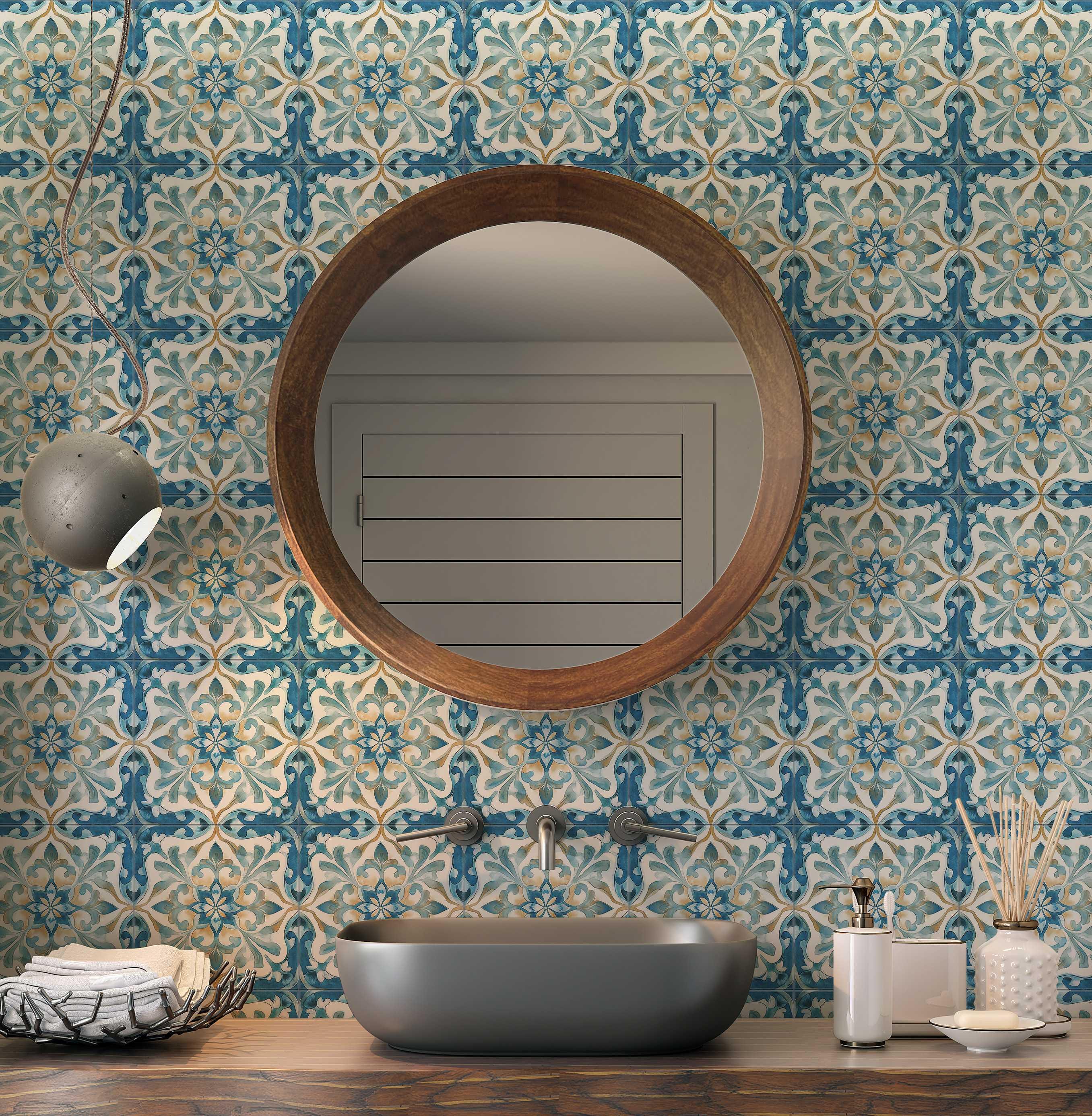 Blue White Tan Patterned Ceramic Tile - Unique Kitchen Backsplash Tile ...