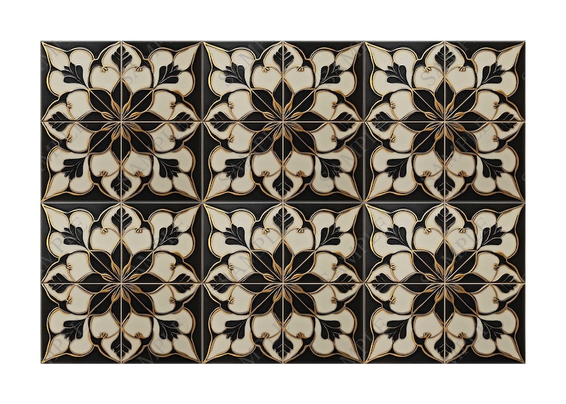 Black Patterned Ceramic Tile - Vintage Design Tile Design - Kitchen ...