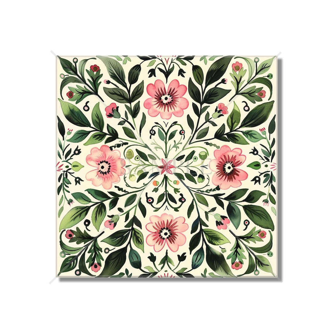 Pink and Green Floral Ceramic Tile - Cottage Kitchen Backsplash Tile ...