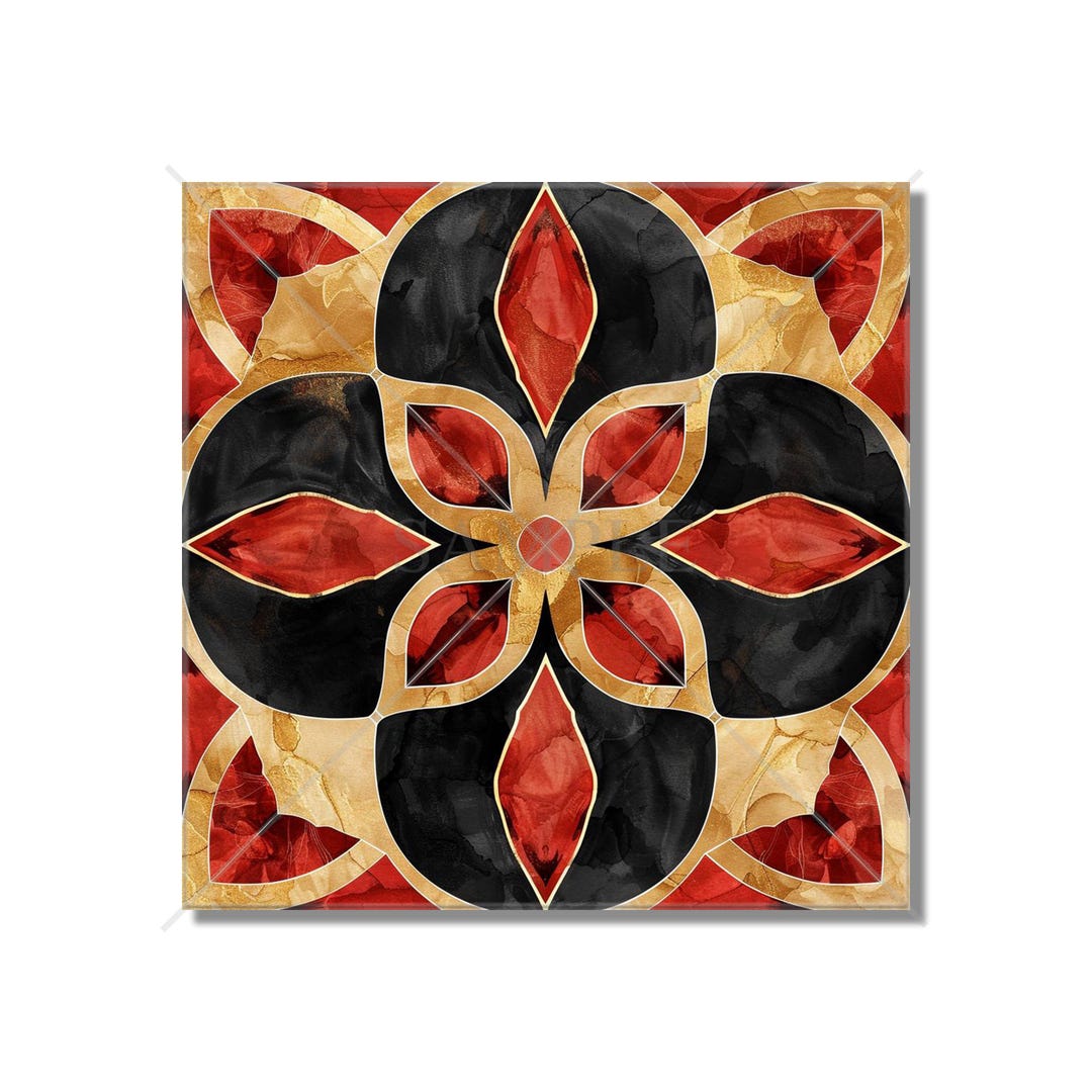 Red Black Gold Patterned Ceramic Tile - Red Kitchen Backsplash Tile ...