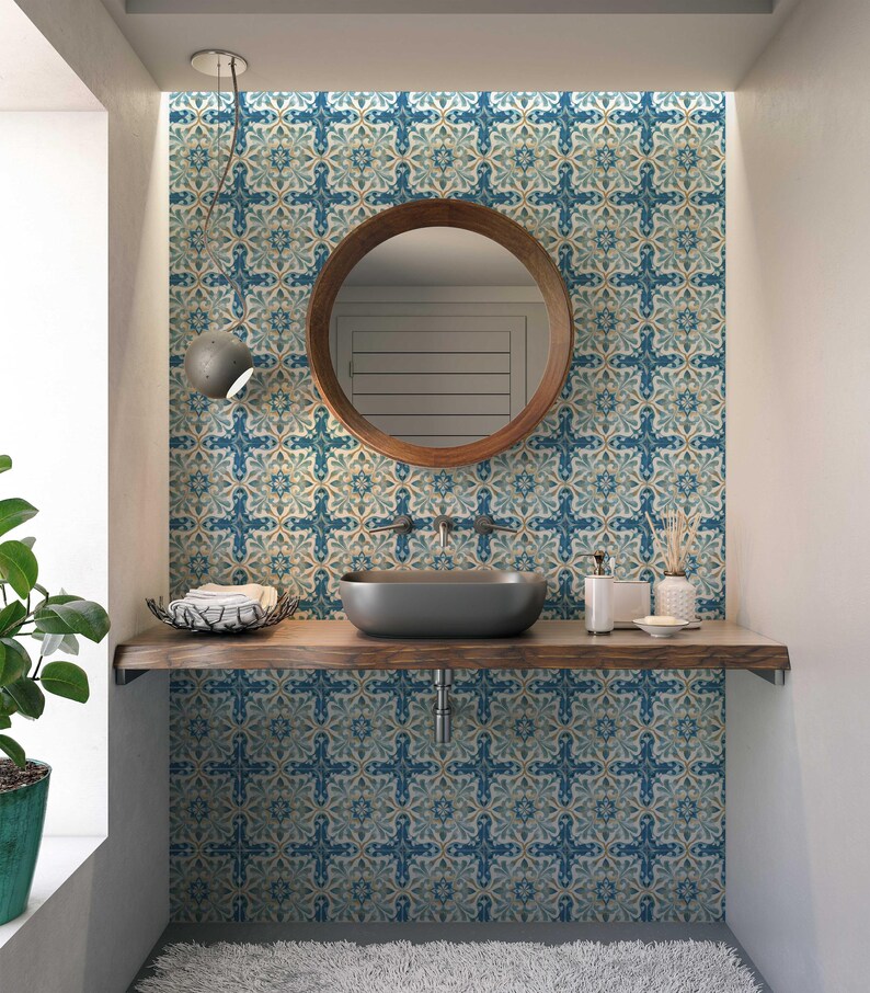 Blue White Tan Patterned Ceramic Tile - Unique Kitchen Backsplash Tile ...