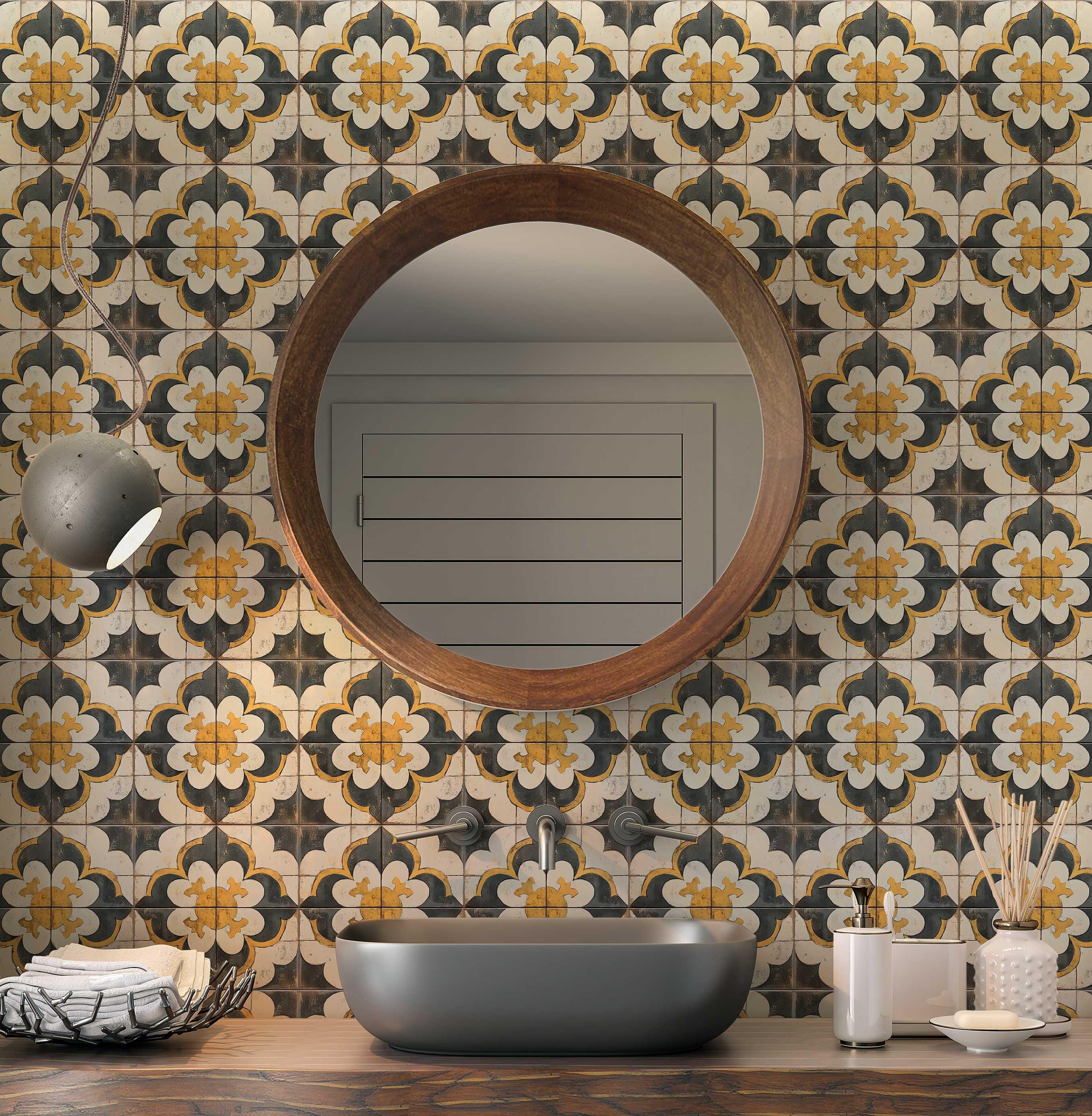 Rustic Black and Mustard Yellow Patterned Ceramic Tiles Vintage ...