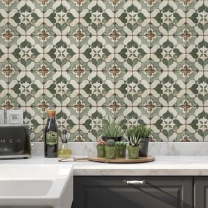 Ceramic Tile Sage Green Patterned Vintage Design Kitchen Backsplash ...