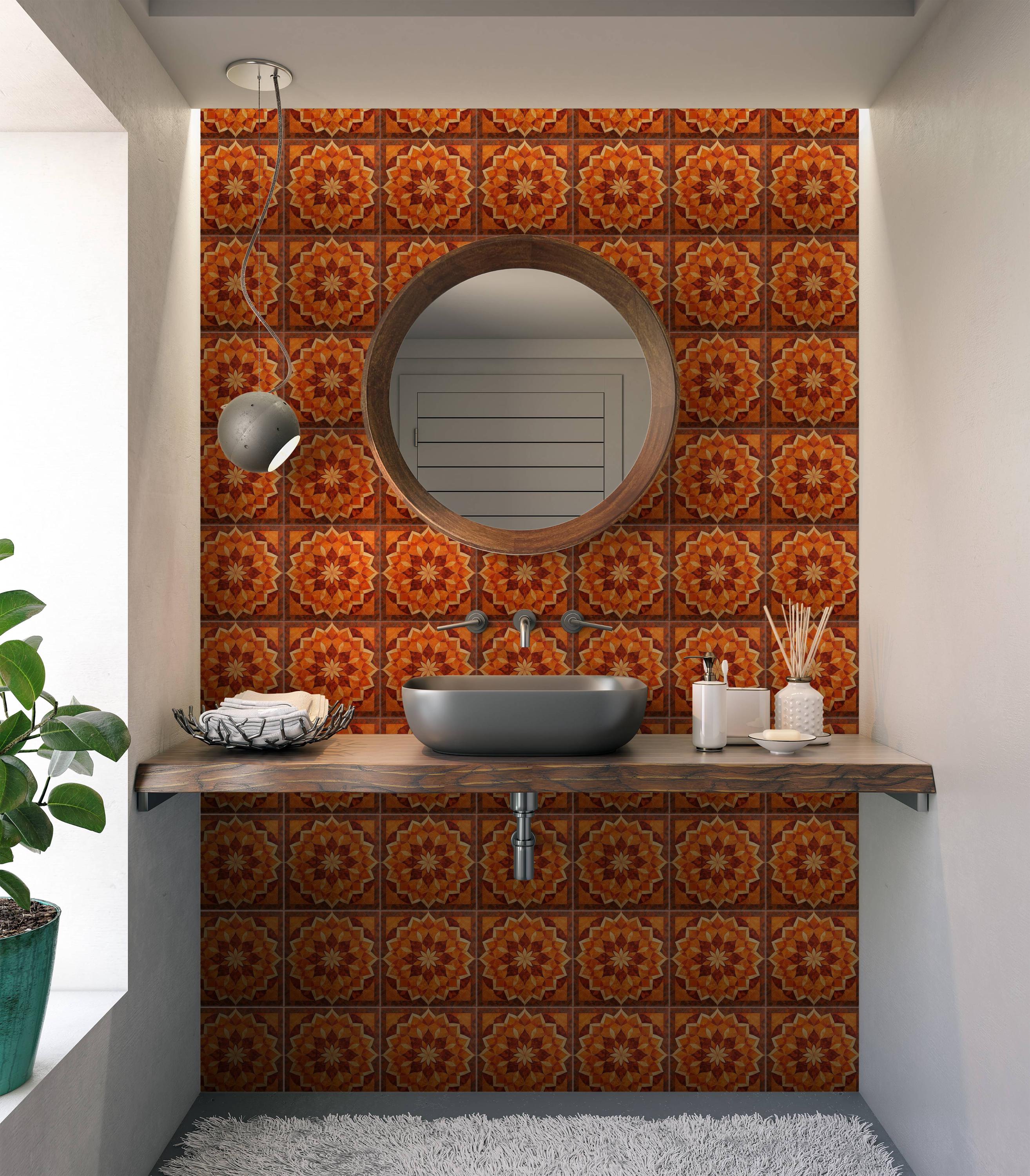 Orange Patterned Ceramic Tile - Orange Kitchen Backsplash Tile - Orange ...