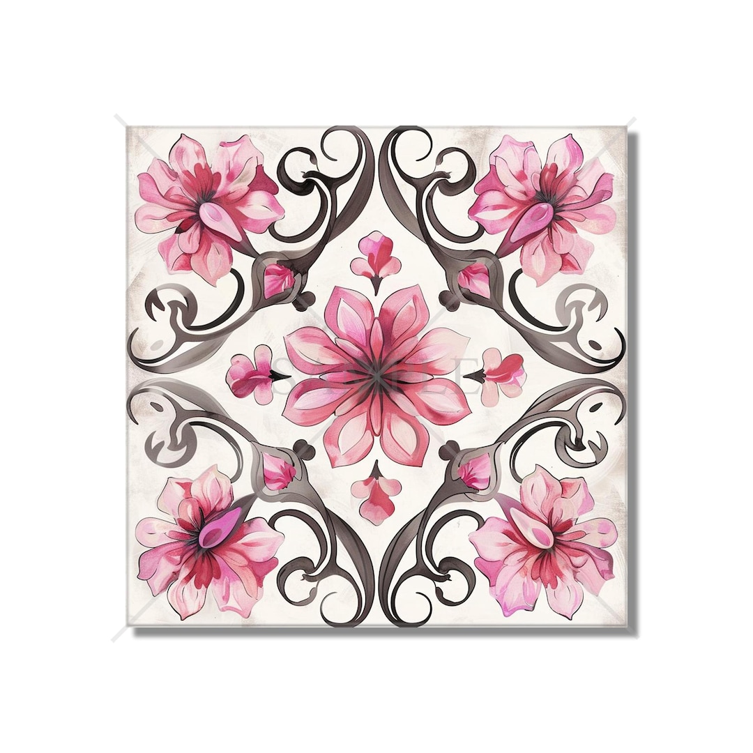 Pink and Gray Floral Ceramic Tile - Cottage Kitchen Backsplash Tile ...