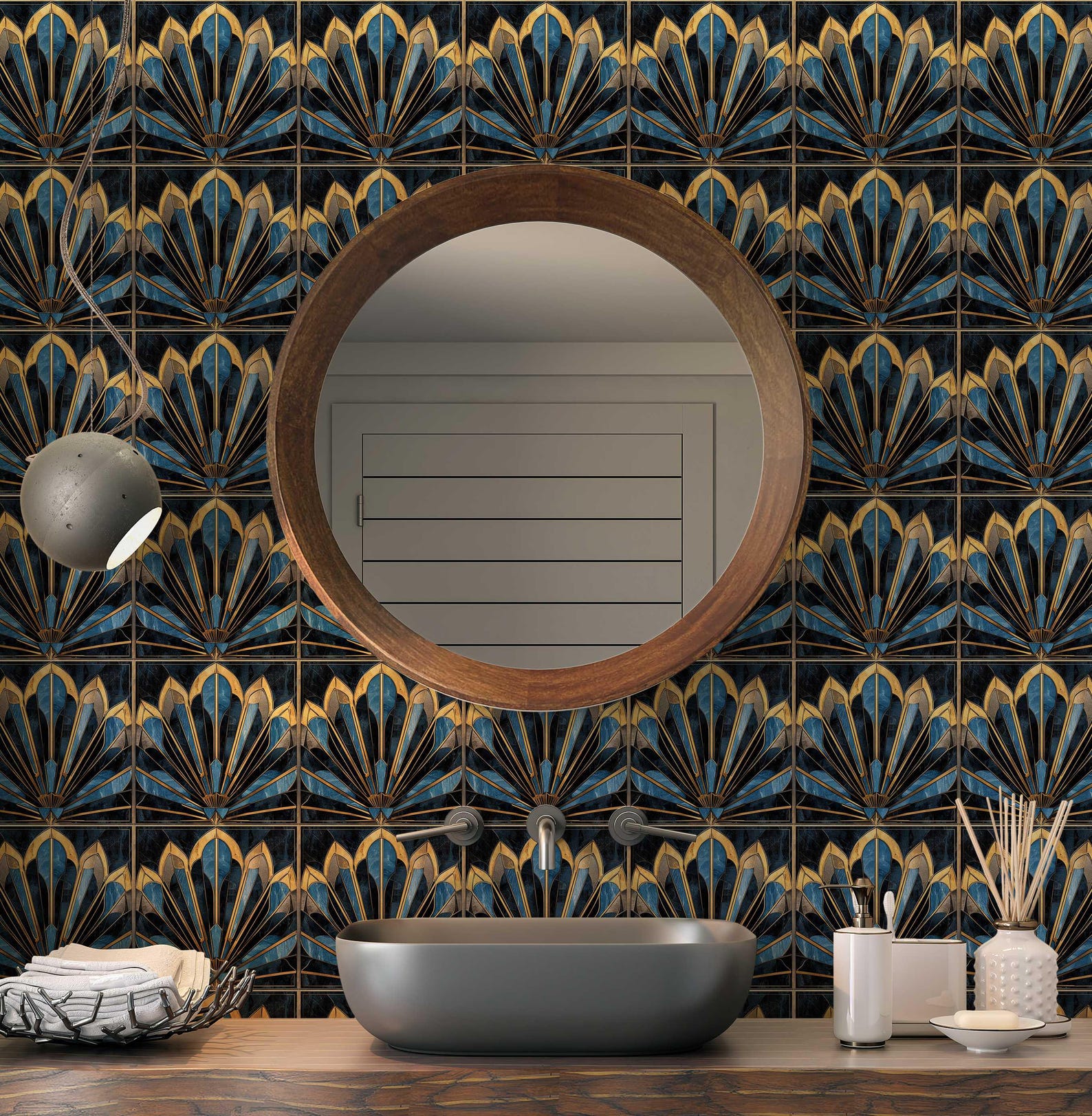 Art Deco Design Ceramic Tile - Black Blue Gold Tones Art Deco Kitchen ...