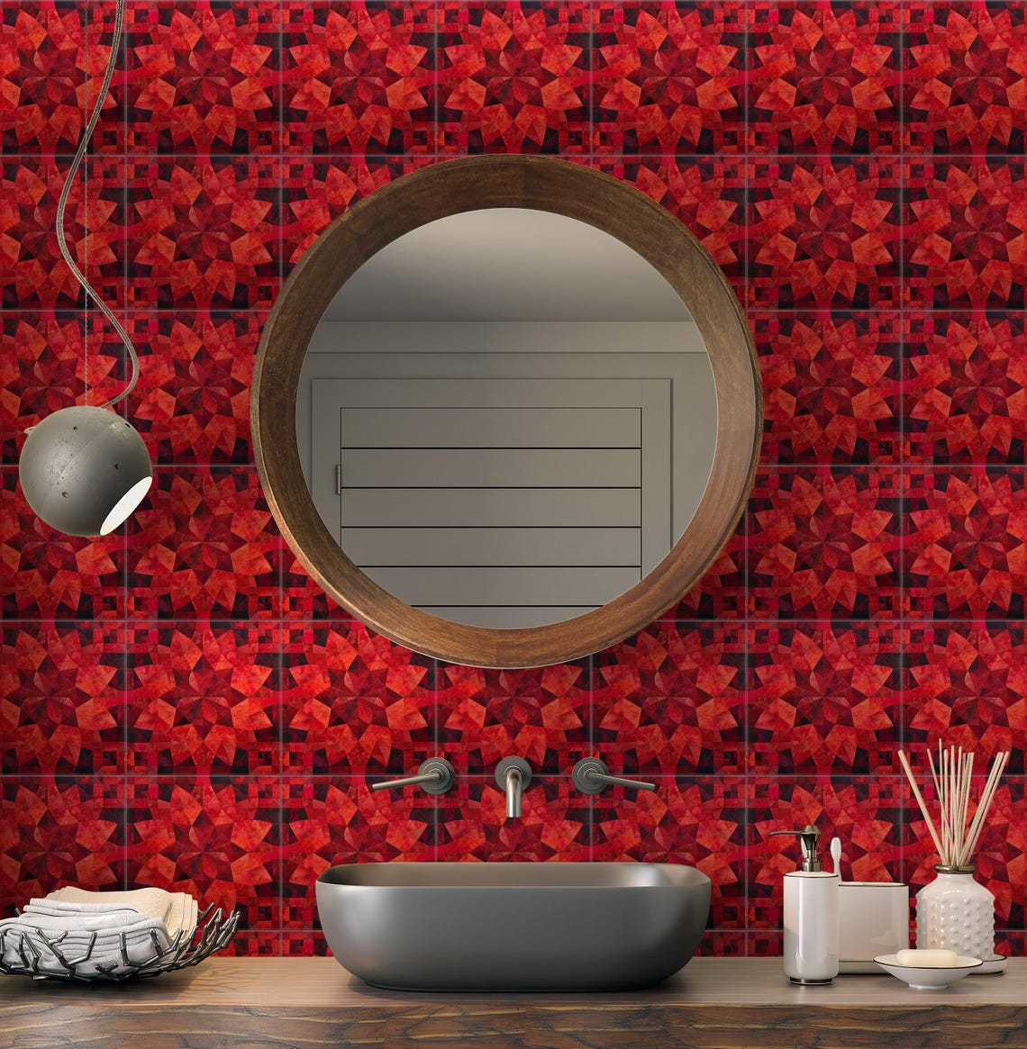 Red Patterned Ceramic Tile - Red Kitchen Backsplash Tile - Red Bathroom ...