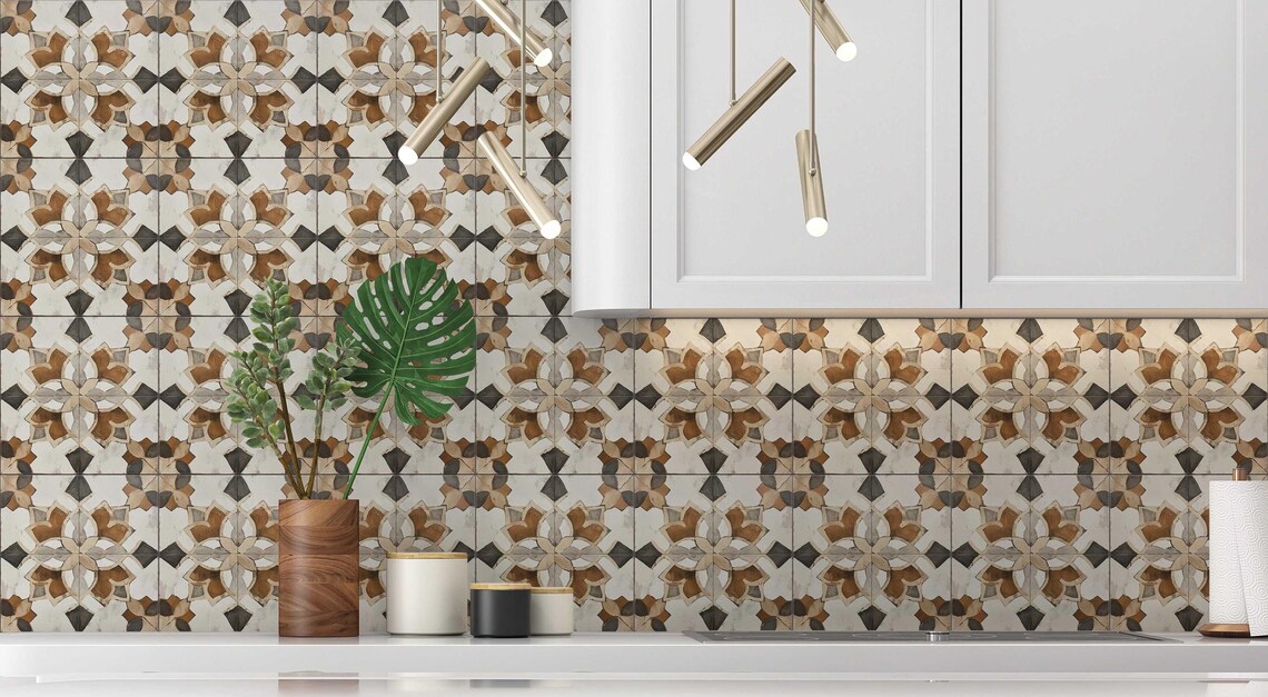 Vintage Neutral Tones Ceramic Tile Unique Patterned Kitchen Backsplash ...