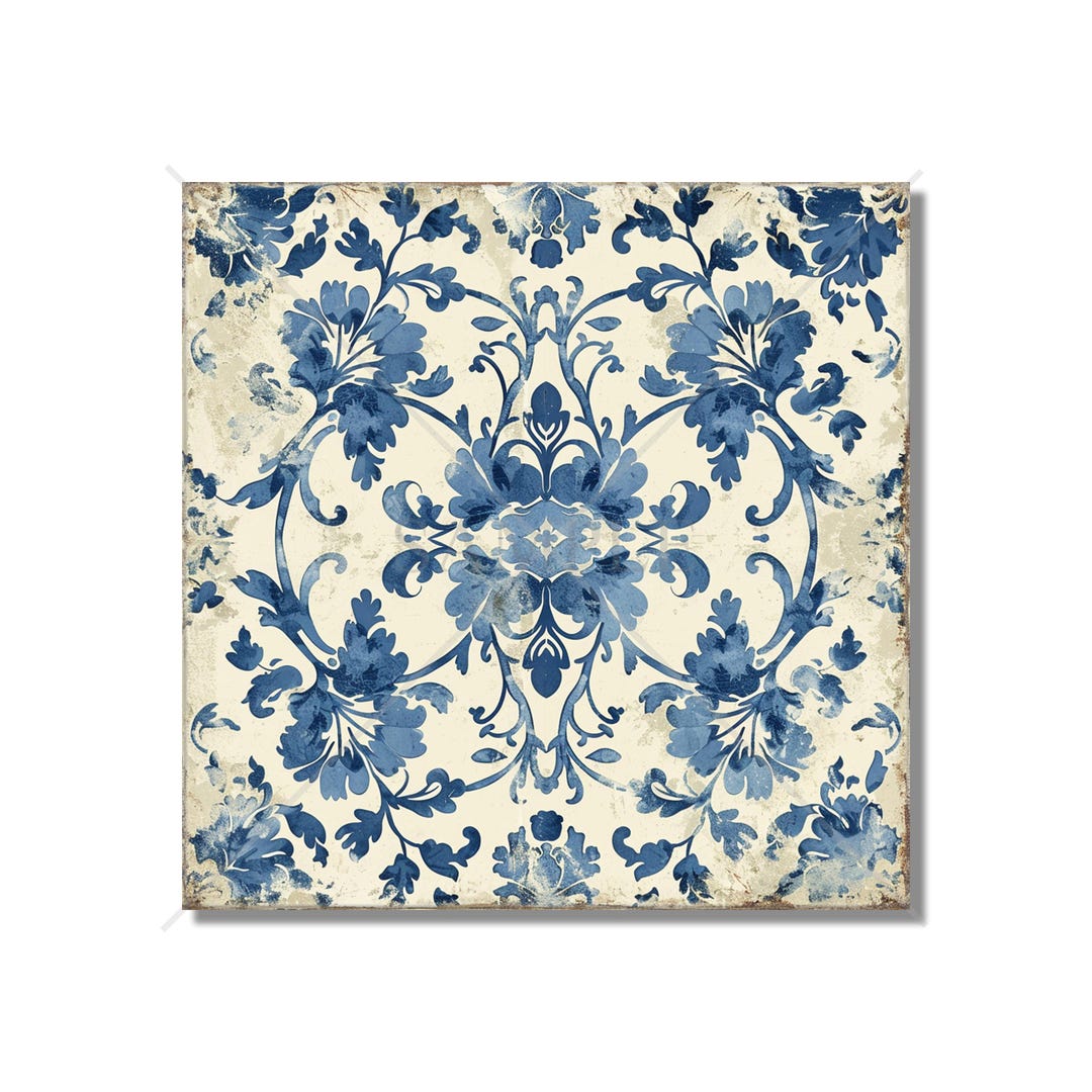 Blue Beige Ceramic Tile - Vintage French Floral Tile Design - Blue ...