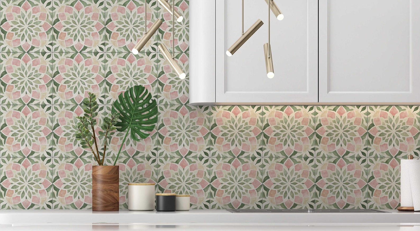 Pink and Green Vintage Design Ceramic Tile - Kitchen Backsplash Tile ...