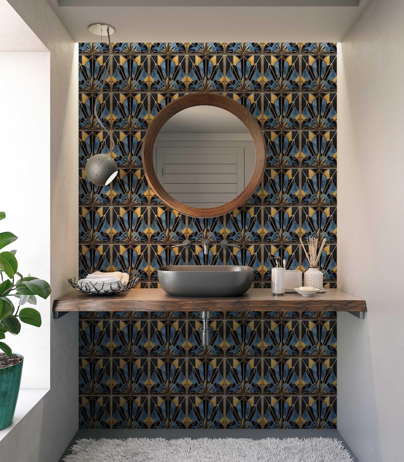 Art Deco Design Ceramic Tile Black Blue Gold Tones Art Deco Kitchen ...