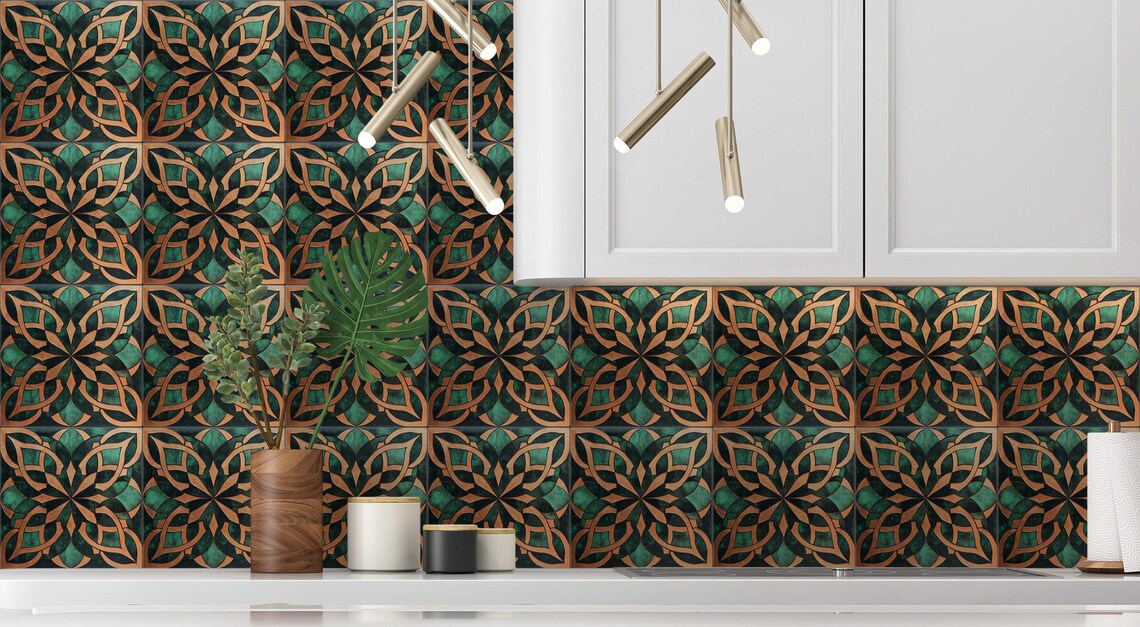 Green Copper Patterned Ceramic Tile - Green Kitchen Backsplash Tile ...