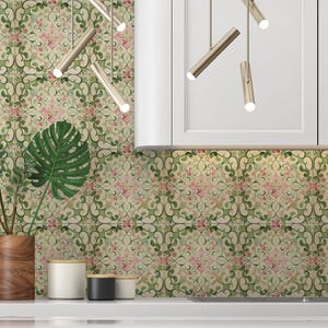 Pink and Green Vintage Design Ceramic Tile - Kitchen Backsplash Tile ...
