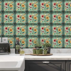 Folk Art Floral Design Ceramic Tile Multi Colored Kitchen Tile ...