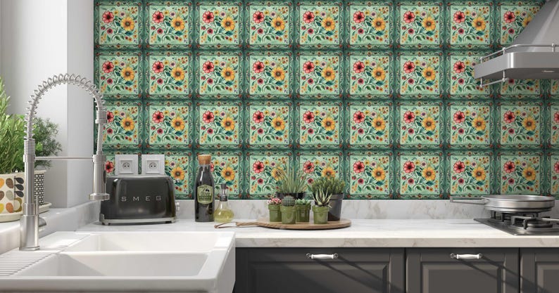 Folk Art Floral Design Ceramic Tile Multi Colored Kitchen Tile ...