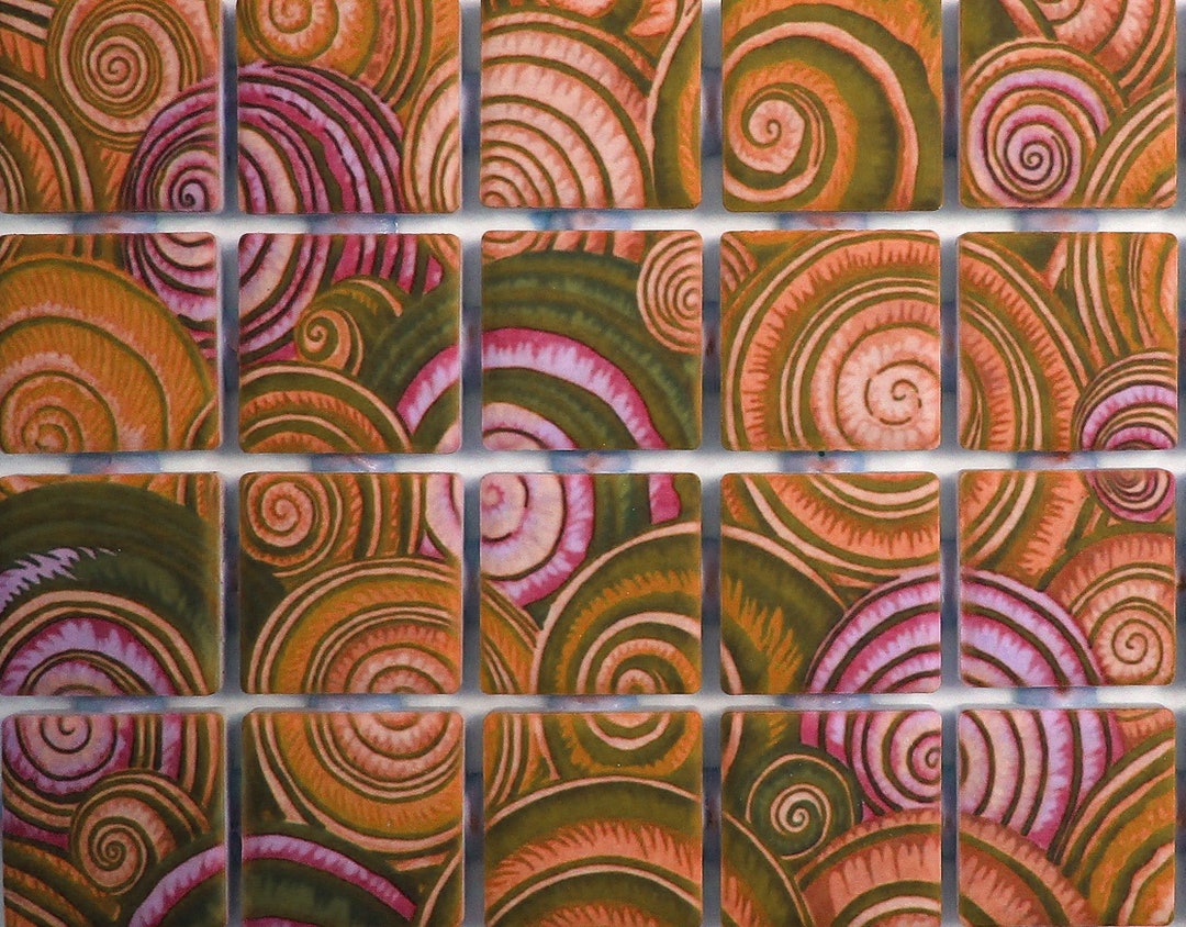 Orange Ceramic Mosaic Tiles - Abstract Art Swirls Orange Pink Ceramic ...