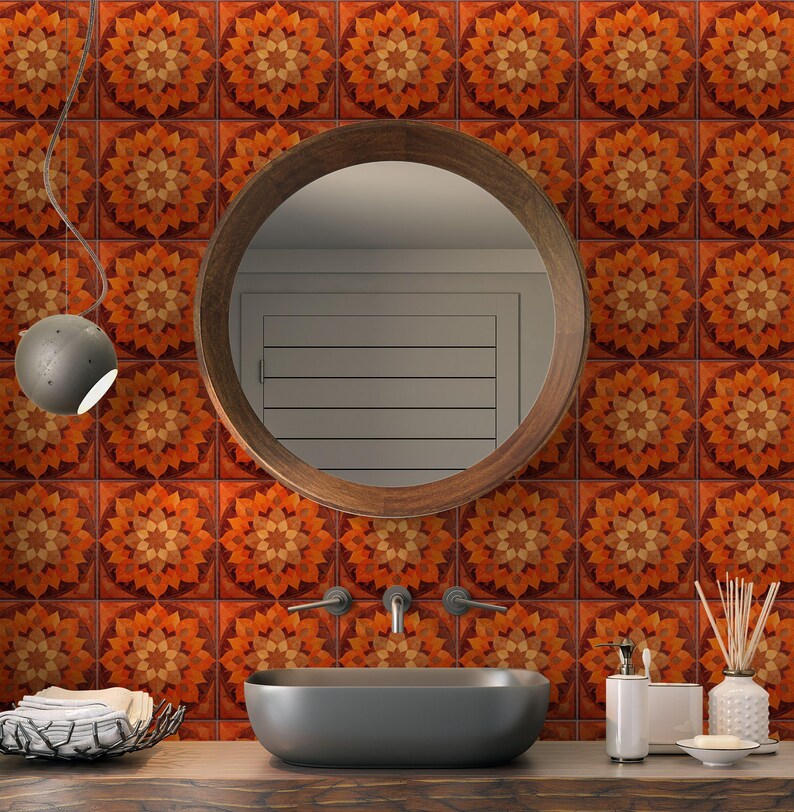 Orange Patterned Ceramic Tile - Orange Kitchen Backsplash Tile - Orange ...