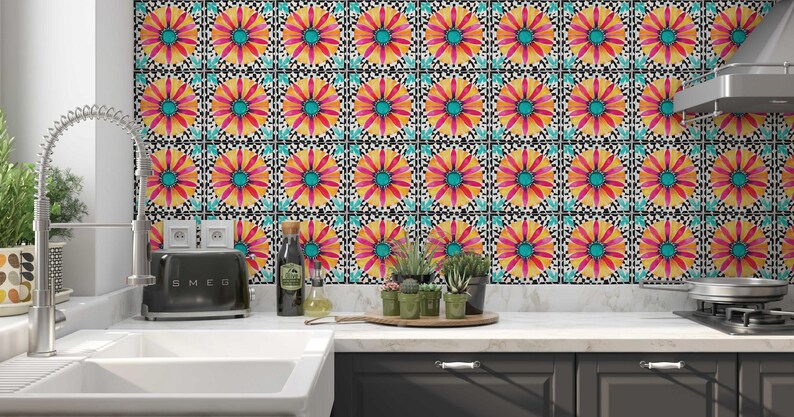 Multi Colored Bright Colors Patterned Ceramic Tile Kitchen Backsplash ...