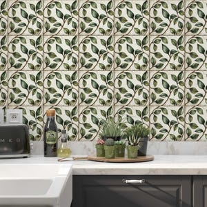 Green Leaves Botanical Ceramic Tile Patterned Kitchen Backsplash Tile ...