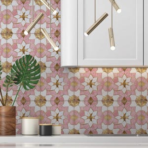 Pink Geometric Ceramic Tile Pink and White Kitchen Backsplash Tile ...