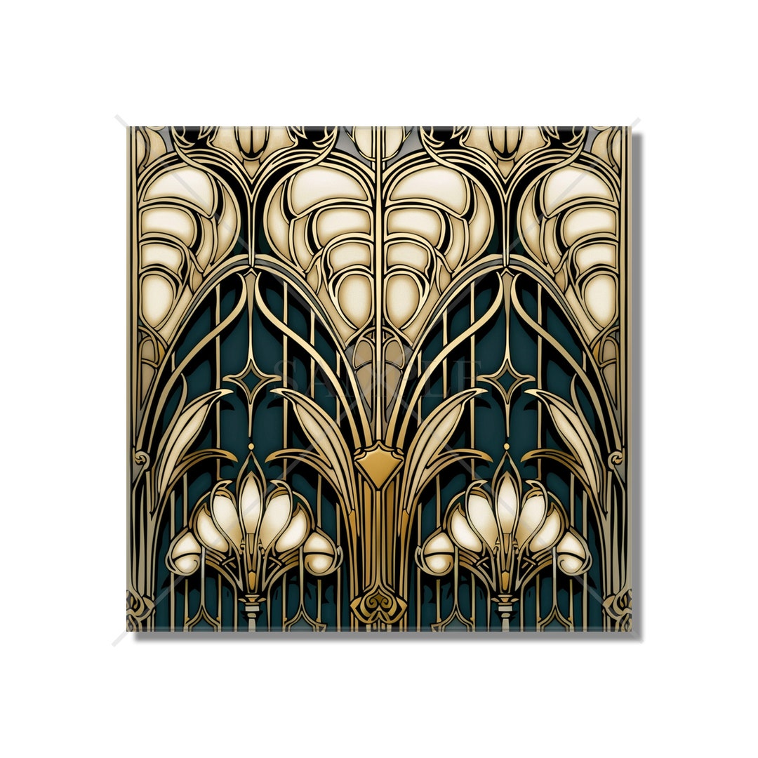 Vintage Art Deco Design Ceramic Tile Dark Teal and Gold Tones Art Deco ...