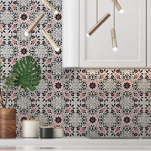 Pink and Black Floral Ceramic Tile - Floral Kitchen Backsplash Tile ...