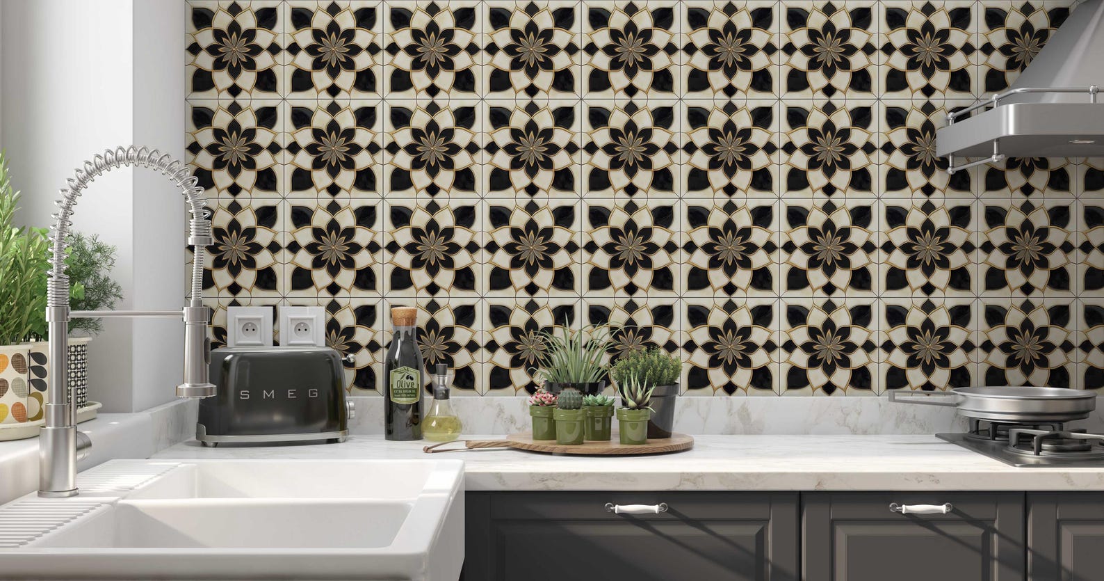 Black Patterned Ceramic Tile - Vintage Design Tile Design - Kitchen ...
