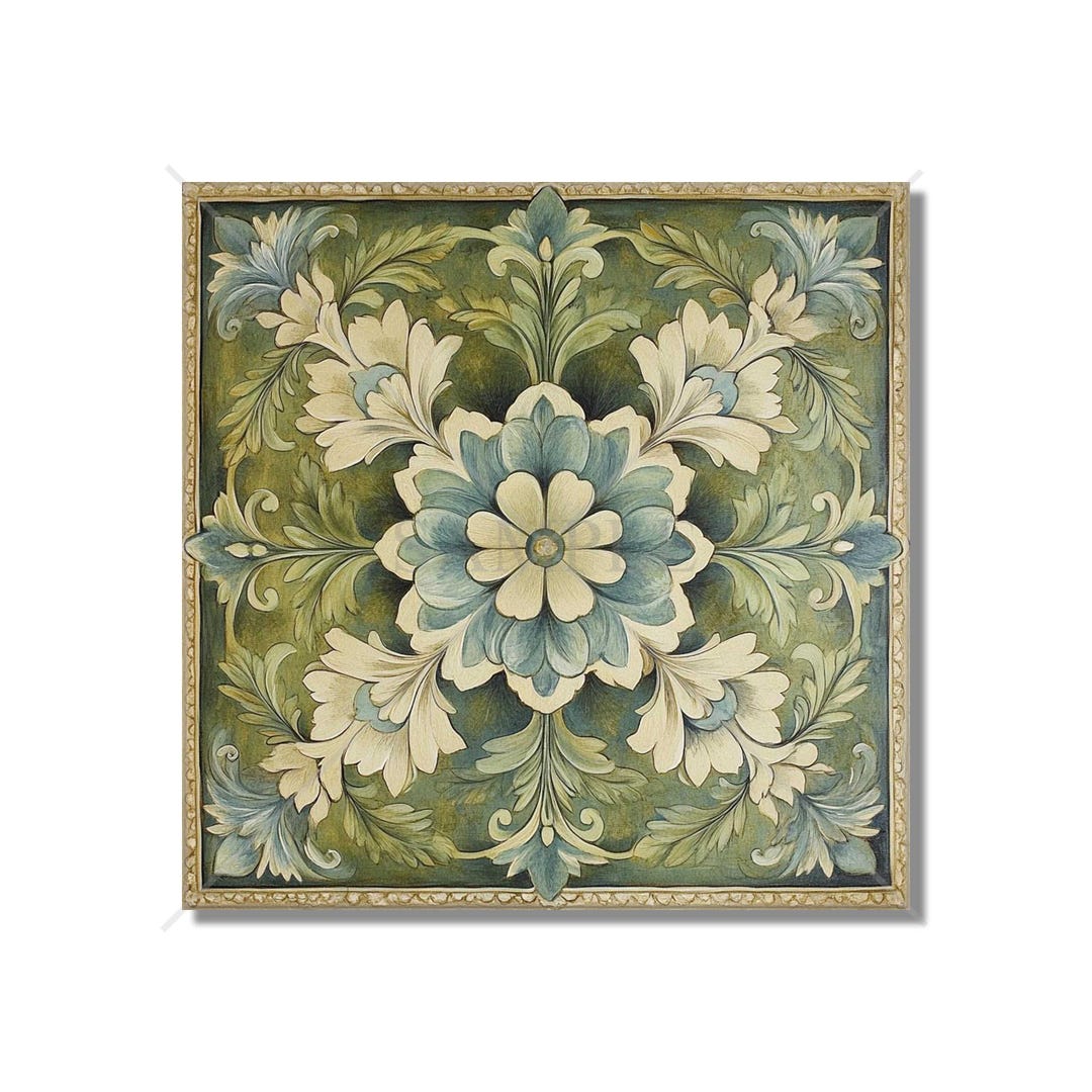 Blue and Green Ceramic Tile Antique Floral - Green Blue Tan Kitchen ...