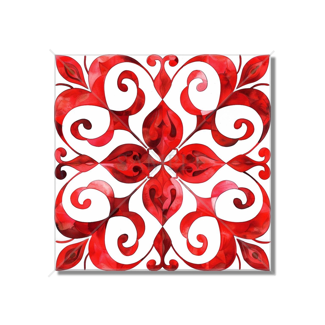 Red Patterned Ceramic Tile - Red Kitchen Backsplash Tile - Vintage ...