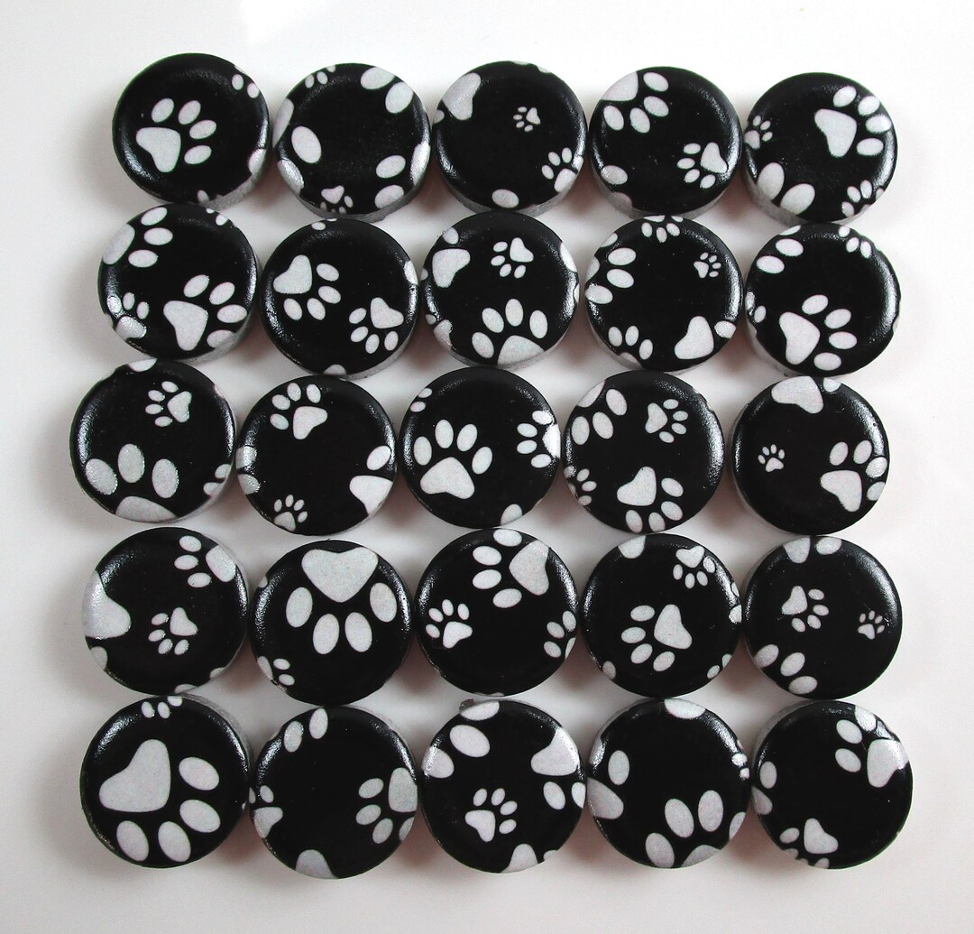 Black White Paw Prints 25 Pieces - 20mm Round Patterned Mosaic Tile ...