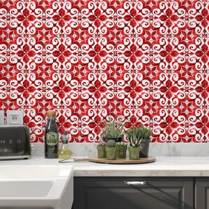 Red Patterned Ceramic Tile - Red Kitchen Backsplash Tile - Vintage ...