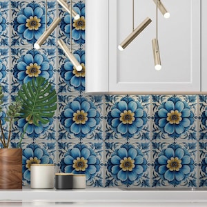 Ceramic Flower Accent Tiles Blue Floral Kitchen Backsplash Tile Floral ...