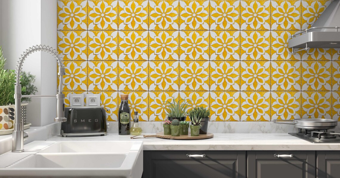 Yellow and White Ceramic Tile - Yellow Kitchen Tile - Yellow Backsplash ...