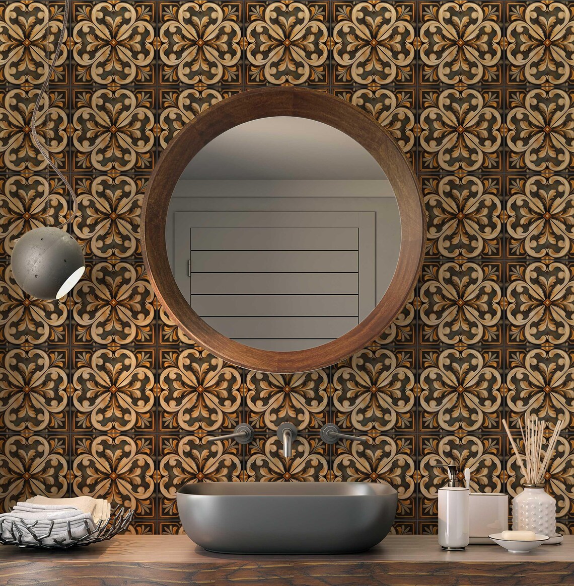 Antique Design Brown Ceramic Tiles - Brown Patterned Kitchen Backsplash ...
