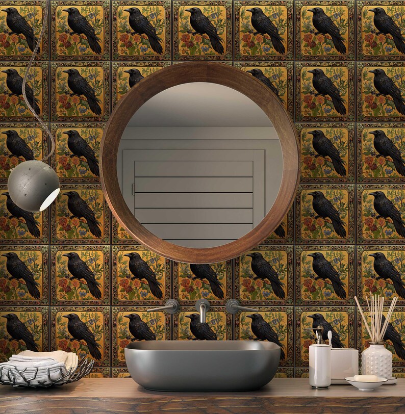 Raven Bird Ceramic Tile - Witchy Home Decor Raven Design Wall Tiles ...