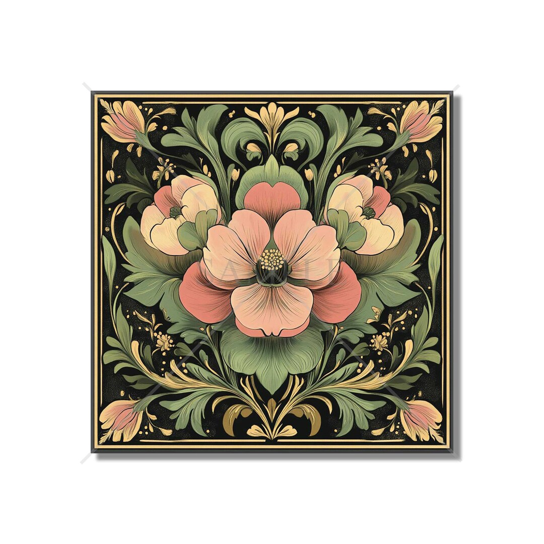 Pink and Green Floral Ceramic Tile - Vintage French Floral Design Tile ...
