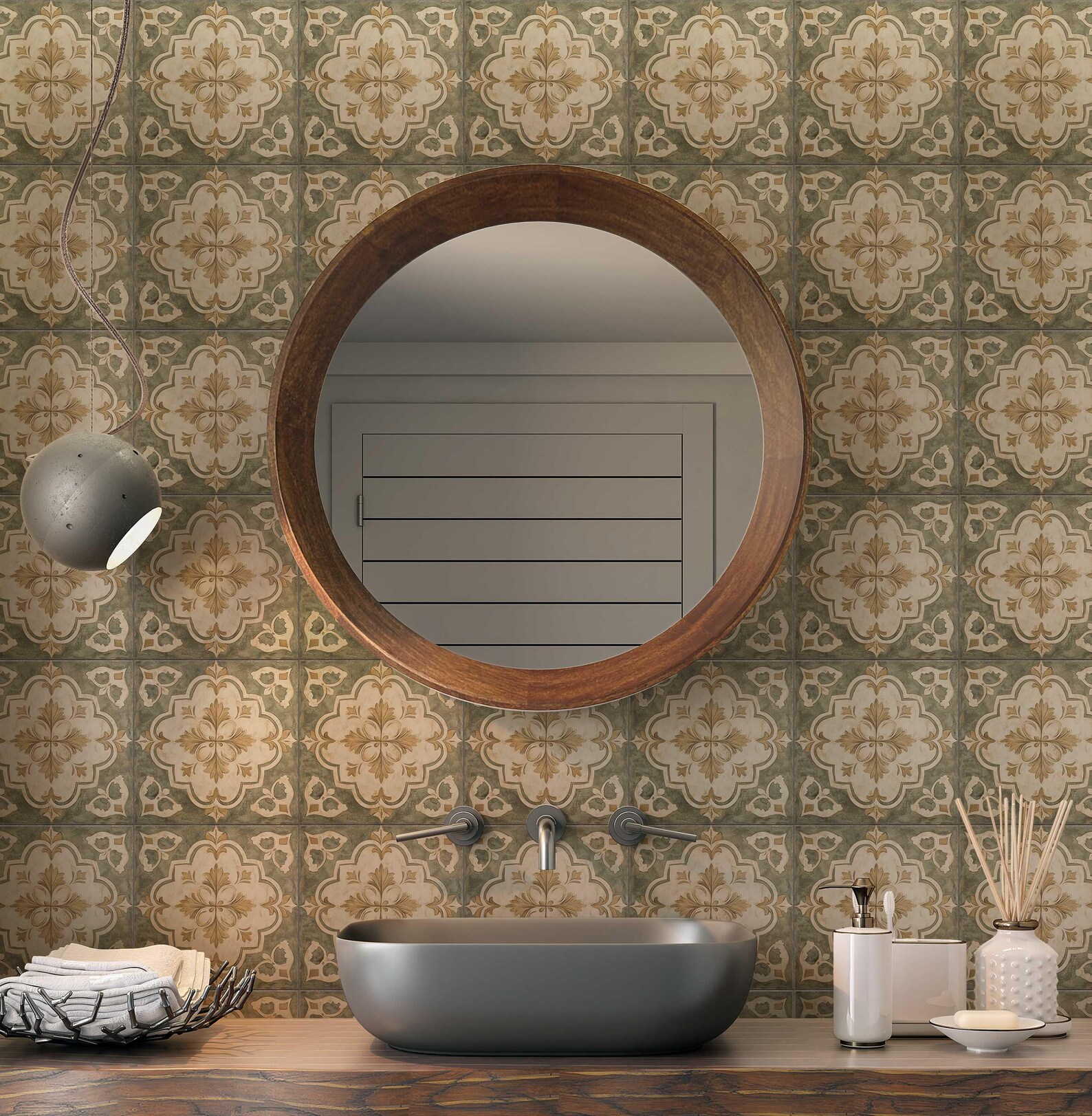 Sage Green Patterned Ceramic Tile - Antique Patterned Green Kitchen ...