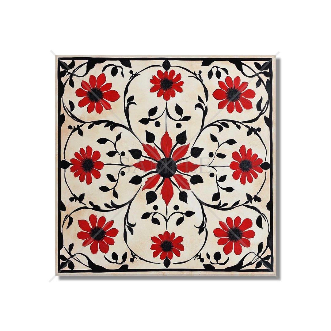 Red and Black Floral Ceramic Tile - Cottage Kitchen Backsplash Tile ...