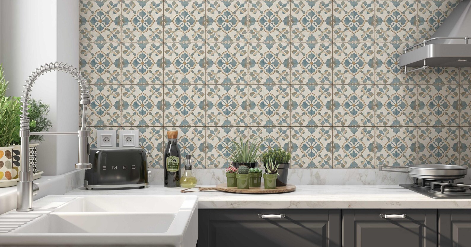 Light Blue and Tan Ceramic Tile Patterned Kitchen Backsplash Tiles ...