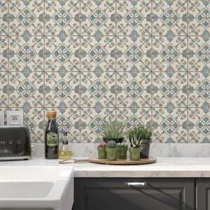 Light Blue and Tan Ceramic Tile Patterned Kitchen Backsplash Tiles ...
