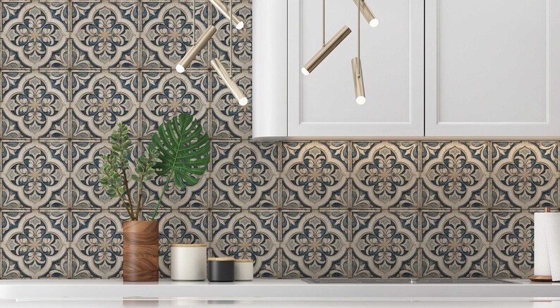 Antique Blue Beige Ceramic Tile Patterned Backsplash Tiles Vintage ...